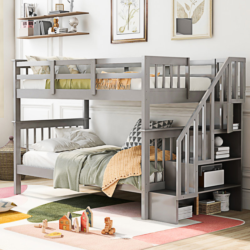 Stairway Twin Over Twin Bunk Bed with Storage and Guard Rail for Bedroom Harriet Bee Color Gray